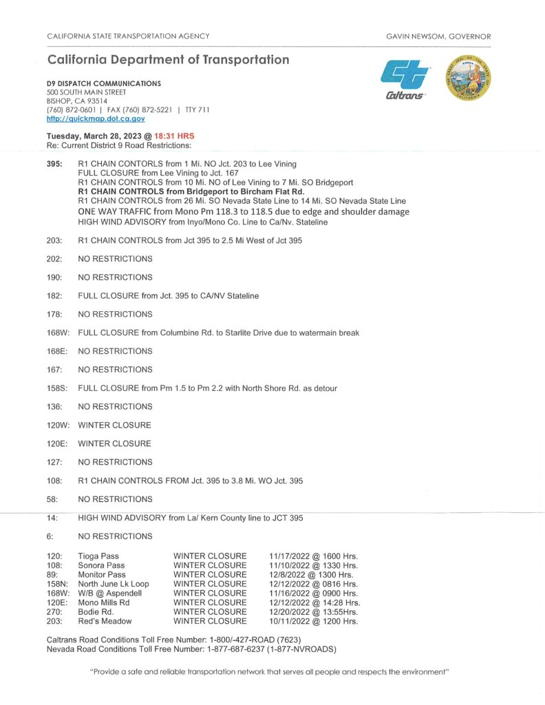 CALTRANS ROAD CONDITIONS UPDATE US395 - MARCH 28 @6:30 PM