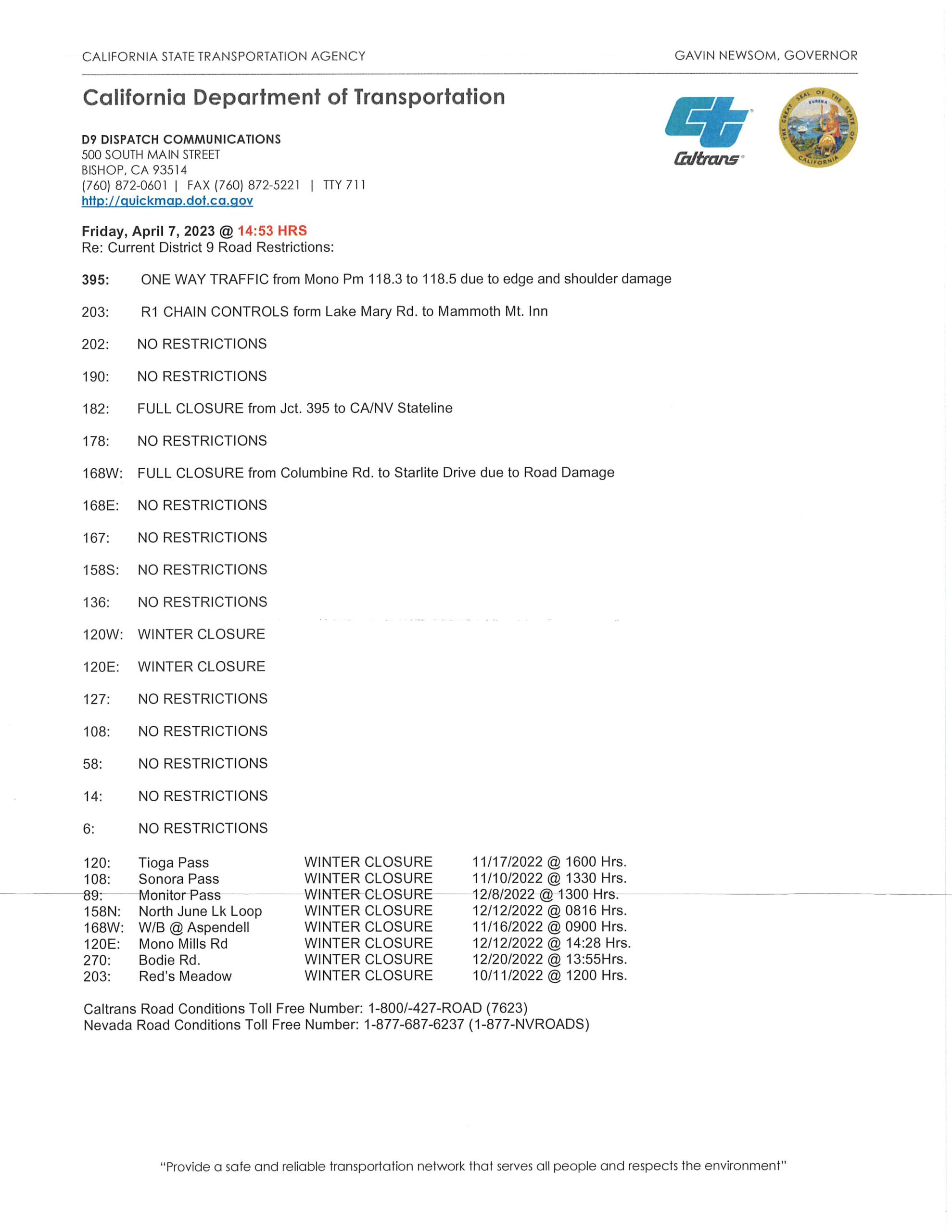 CALTRANS ROAD CONDITIONS UPDATE - APRIL 7 @ 3:00PM