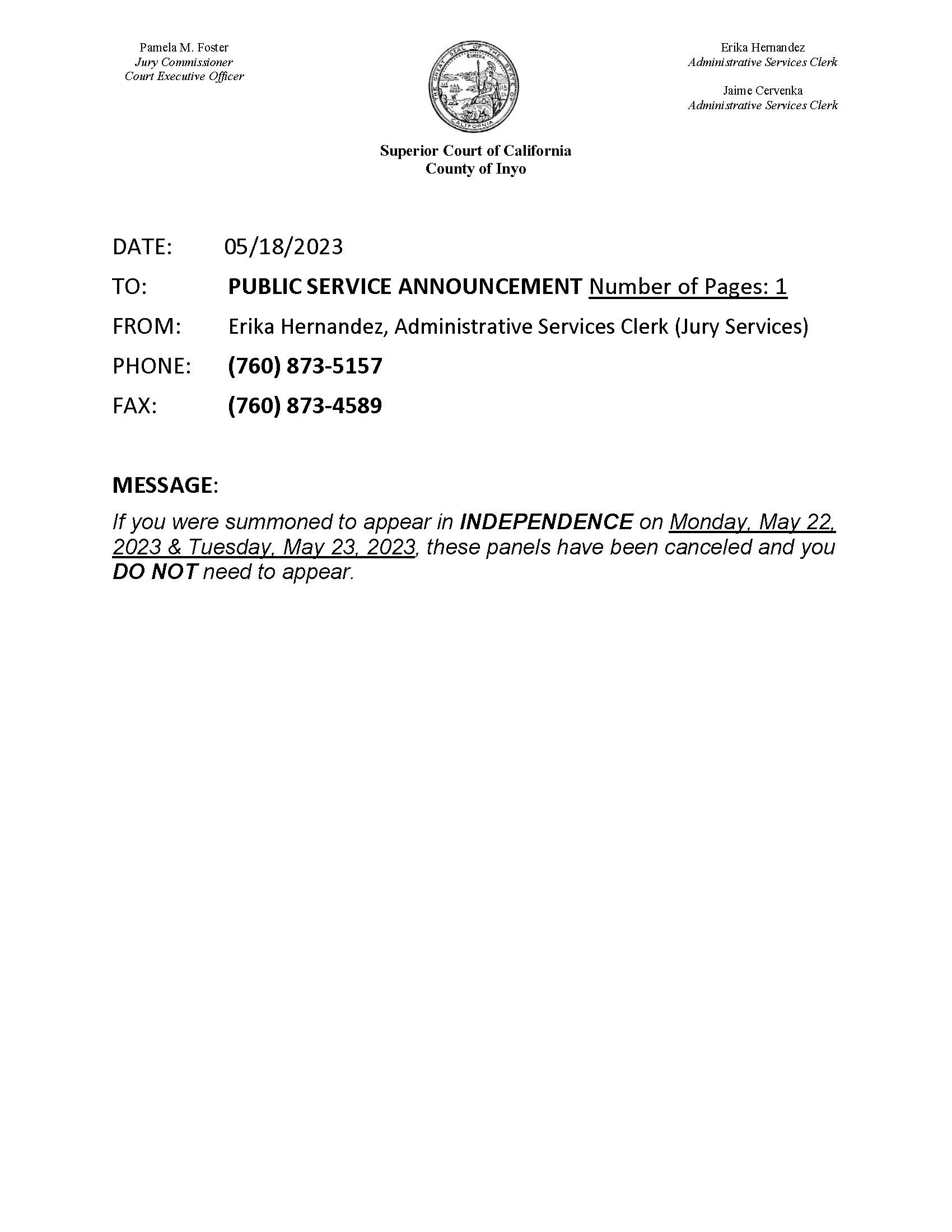 Inyo County Independence Jury Summons for May 22 and 23, 2023