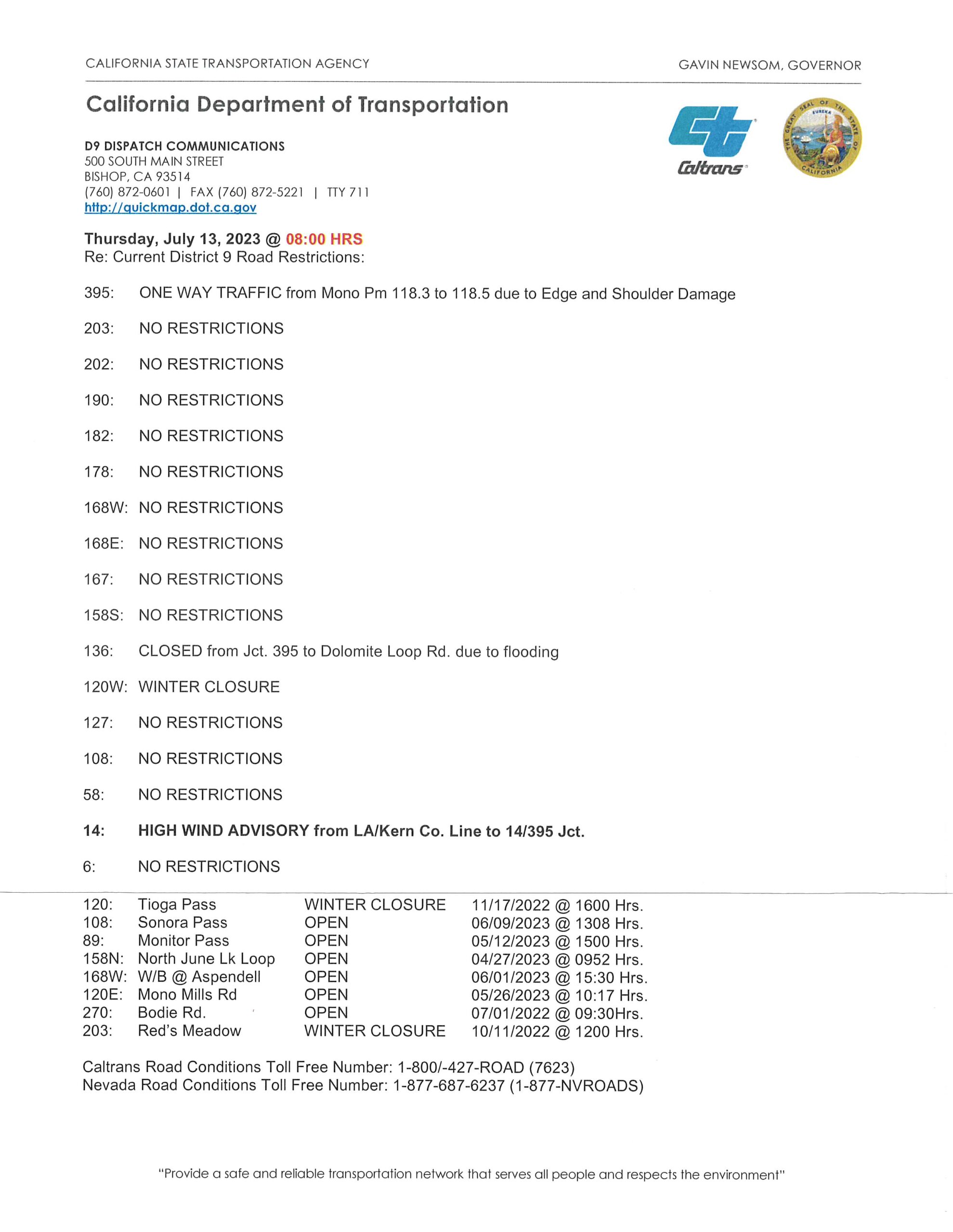 Caltrans Road Conditions - Route 14 - July 13 @8:00 am