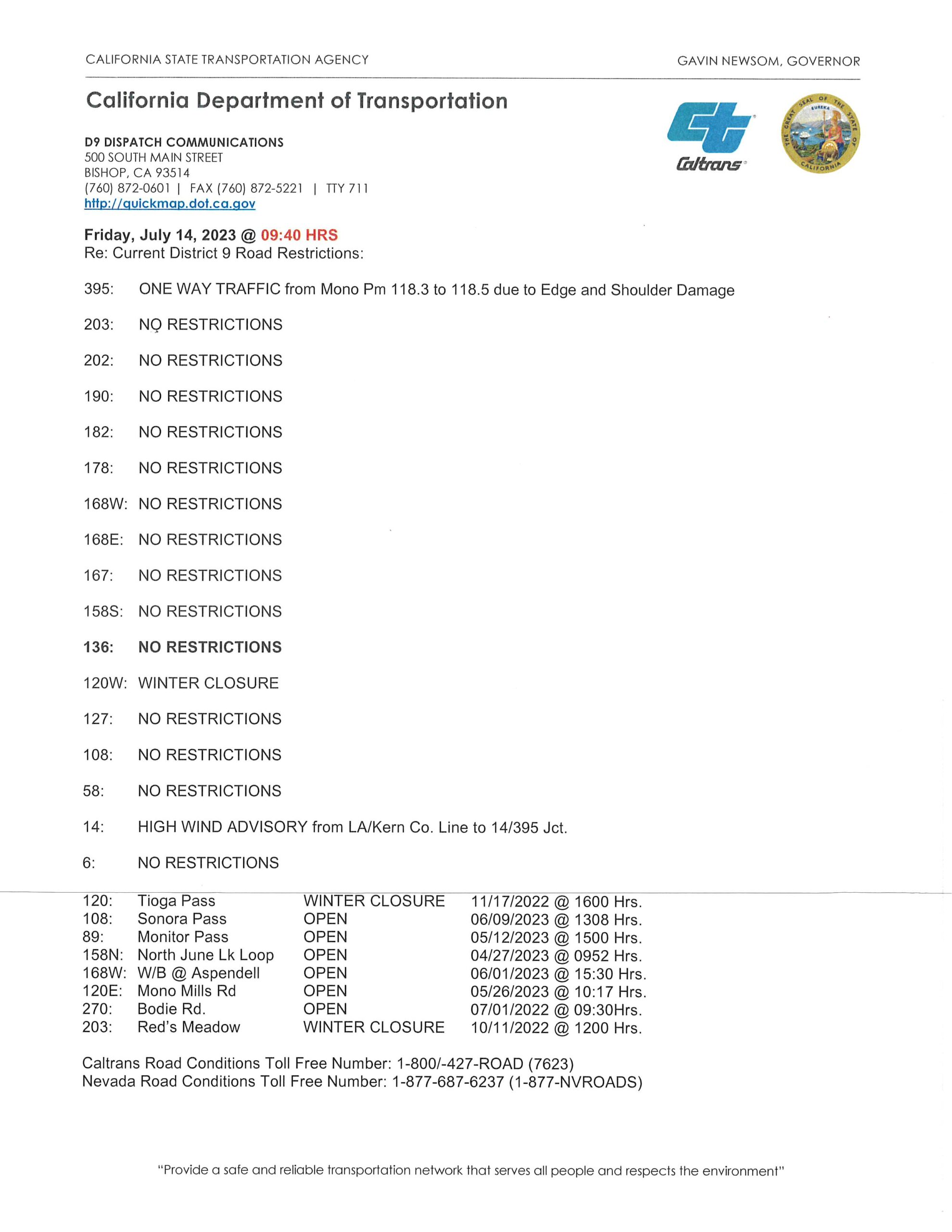 Caltrans Road Conditions - State Route 136- July 14 @ 9:45 am - Sierra Wave: Eastern Sierra News