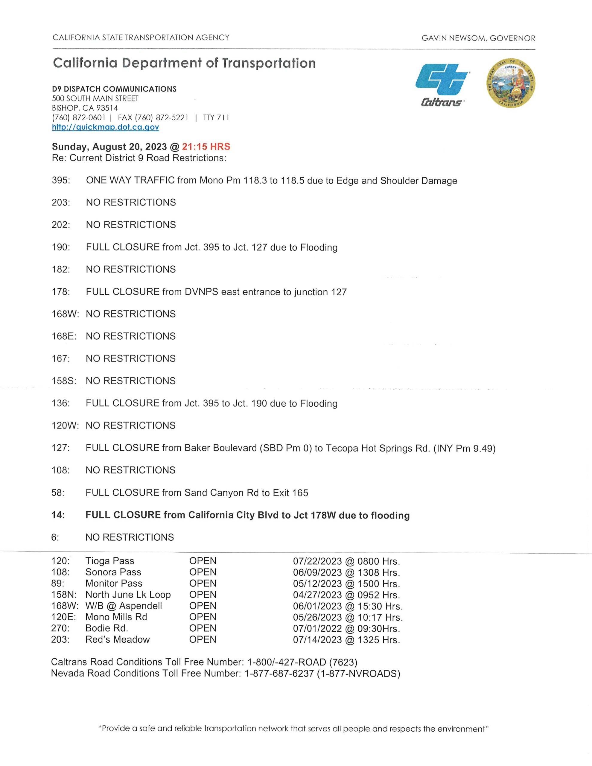 Caltrans Road Conditions Update - Route 14 August 20 @9:15 PM - Sierra ...
