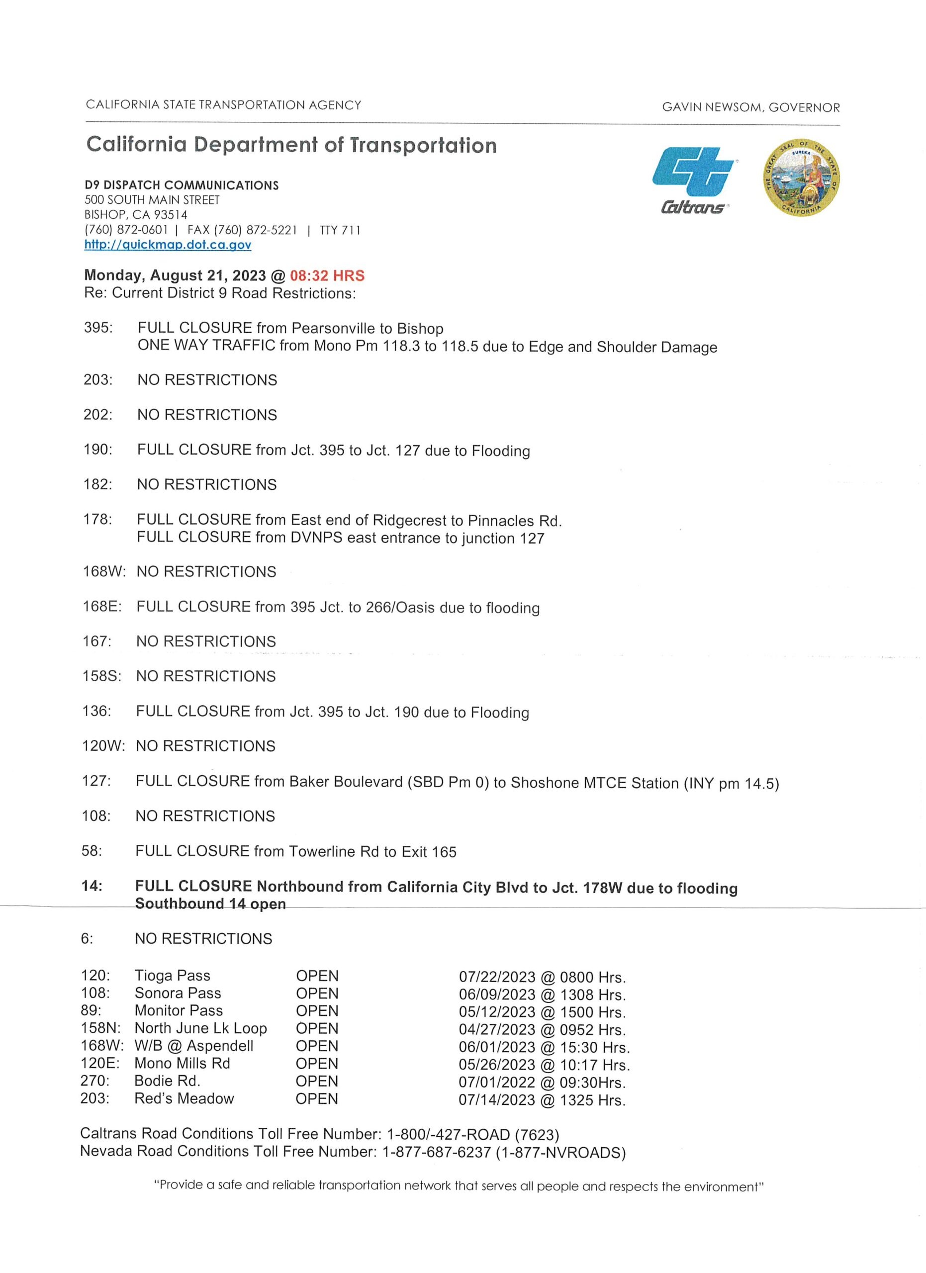 Caltrans Road Conditions Update - Full Report - August 21 @8:30 AM
