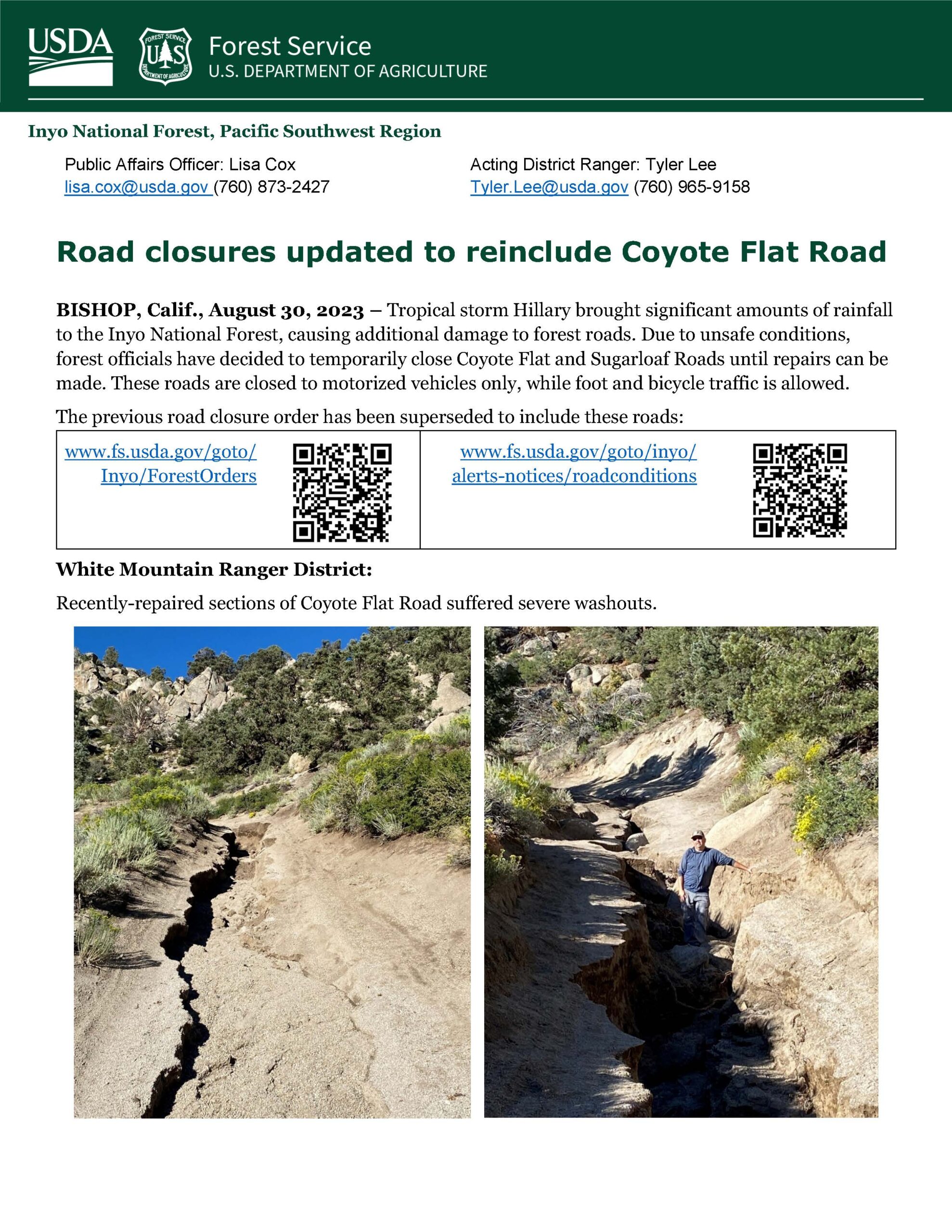 Inyo National Forest Press Release: Updated Road Closures - August 31 ...