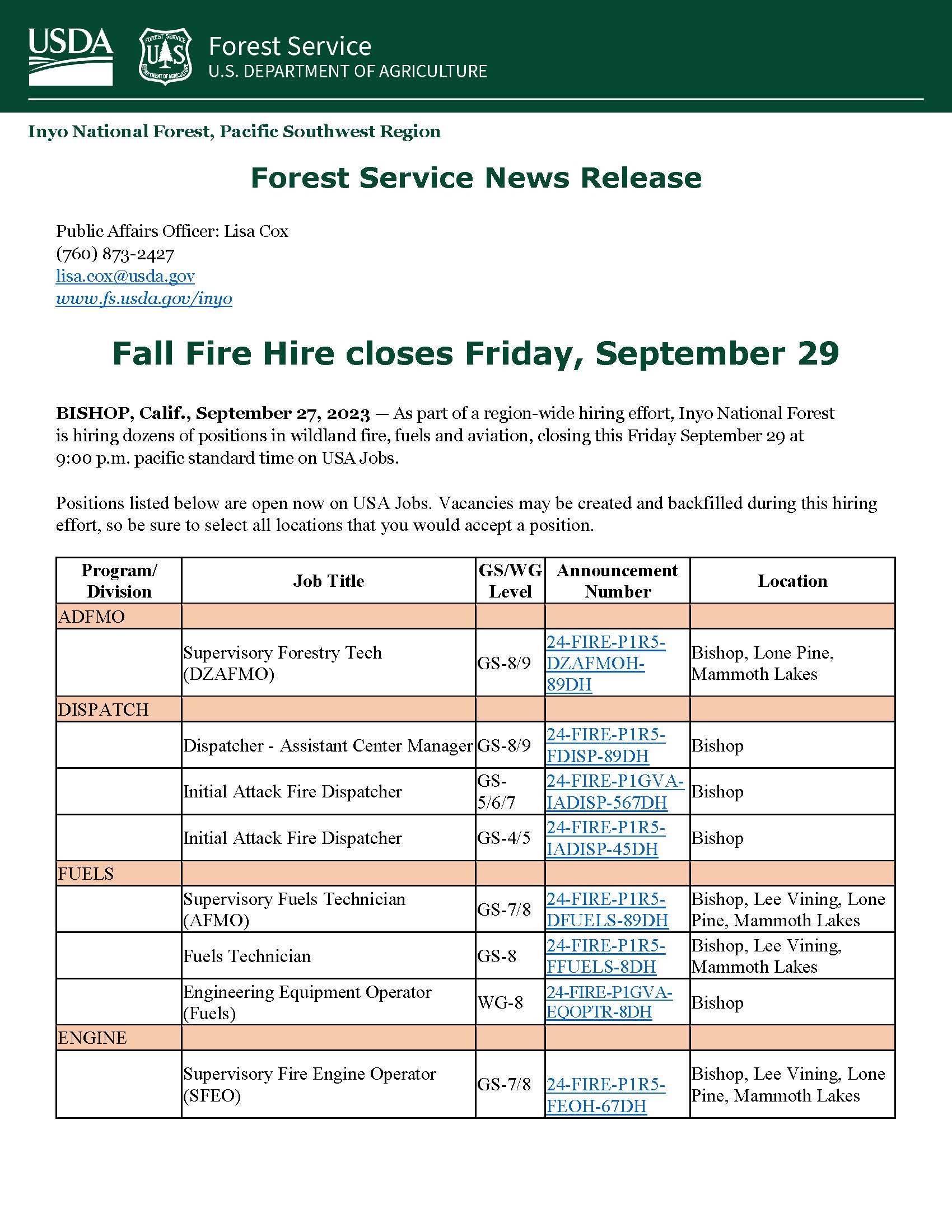 Forest Service News Release: Fall Fire Hire Closes Friday September 29 ...