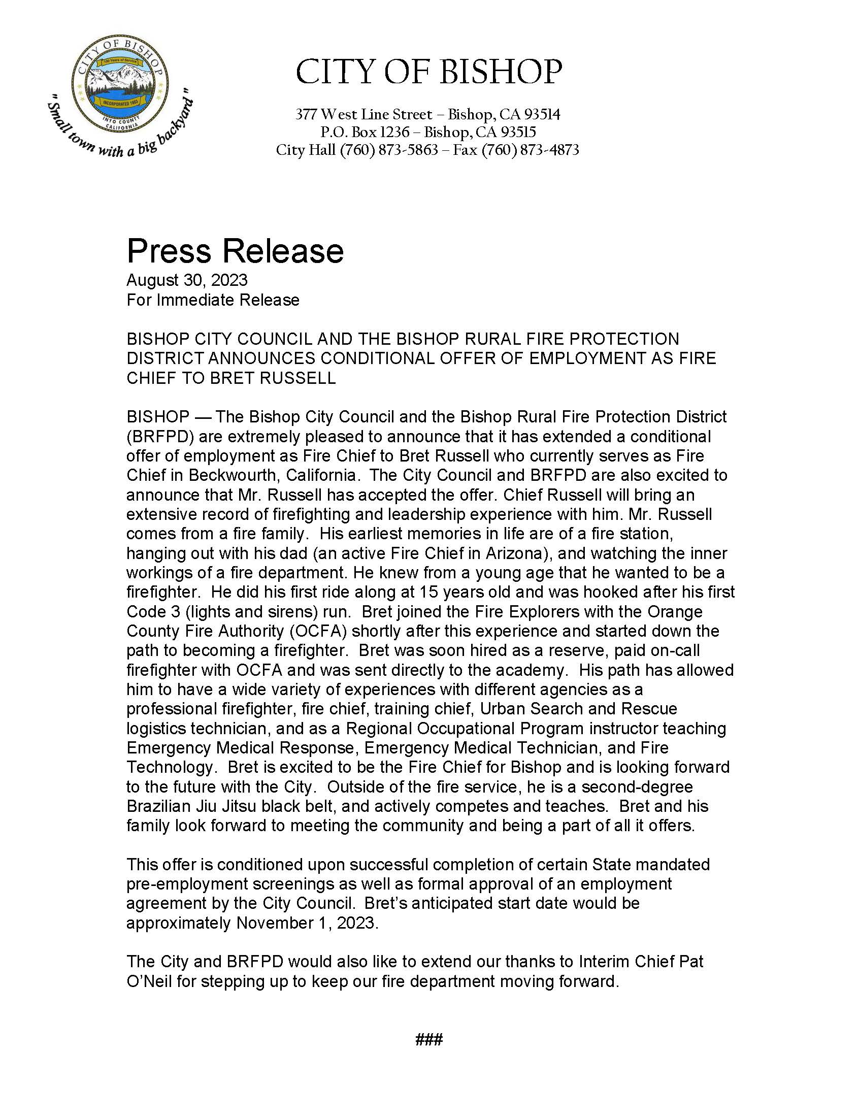 City of Bishop Announces Conditional Offer to Bret Russell as Fire ...