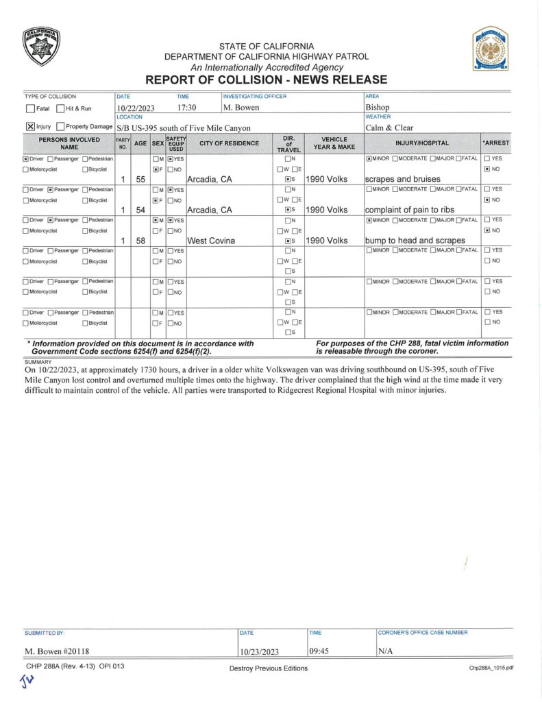 Four CHP News Release Reports on Traffic Incidents of October 21-22, 2023