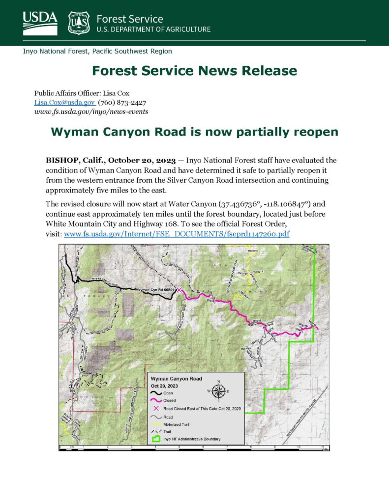 Inyo National Forest Press Release - Wyman Canyon Road is Now Partially ...