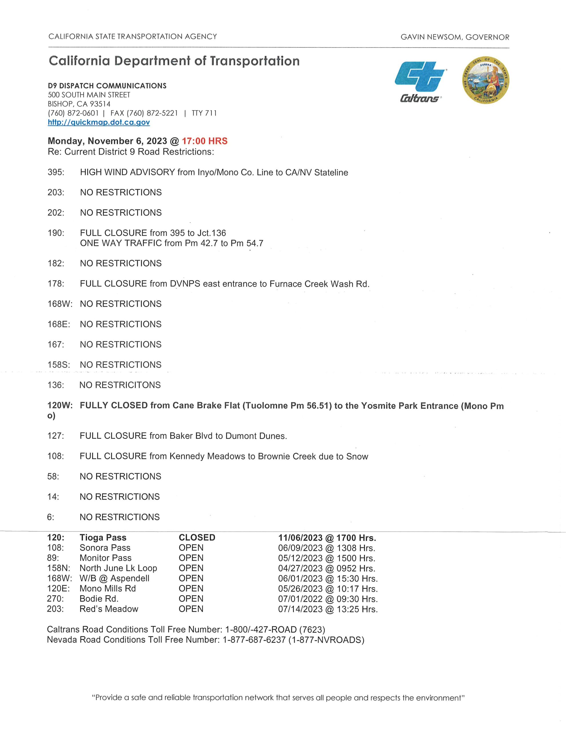 Caltrans Road Conditions - November 6 @5:00 PM - Route 120 - Sierra ...