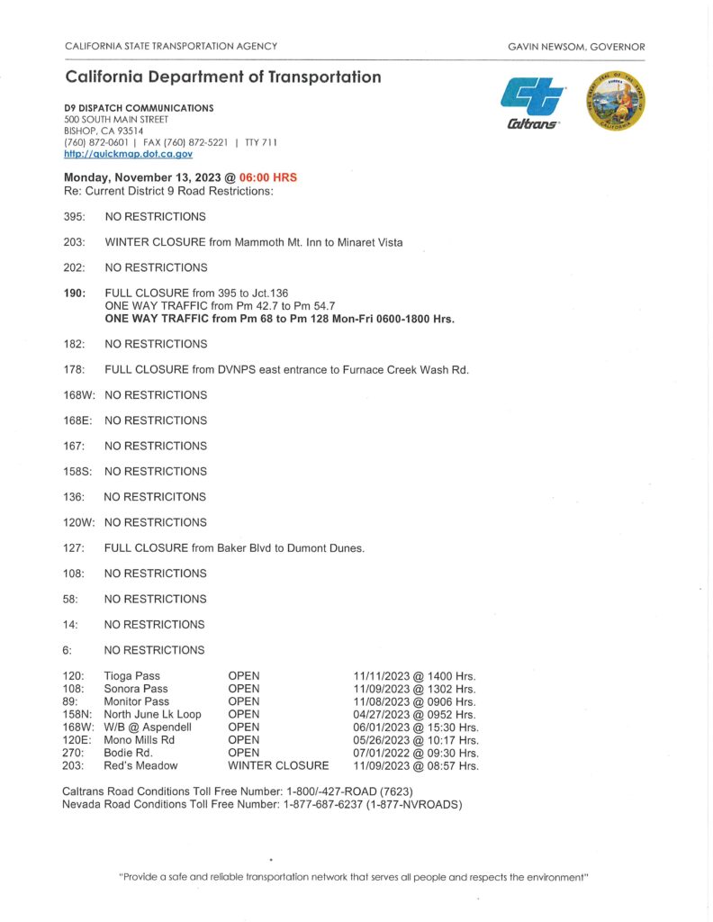 Caltrans Road Conditions - November 13, 2023 Route 190