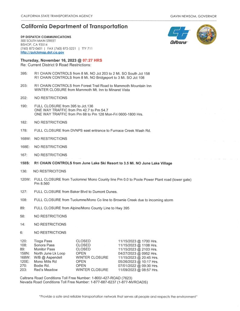 Caltrans Road Conditions Update - November 16 @7:30 am - Rt 158S