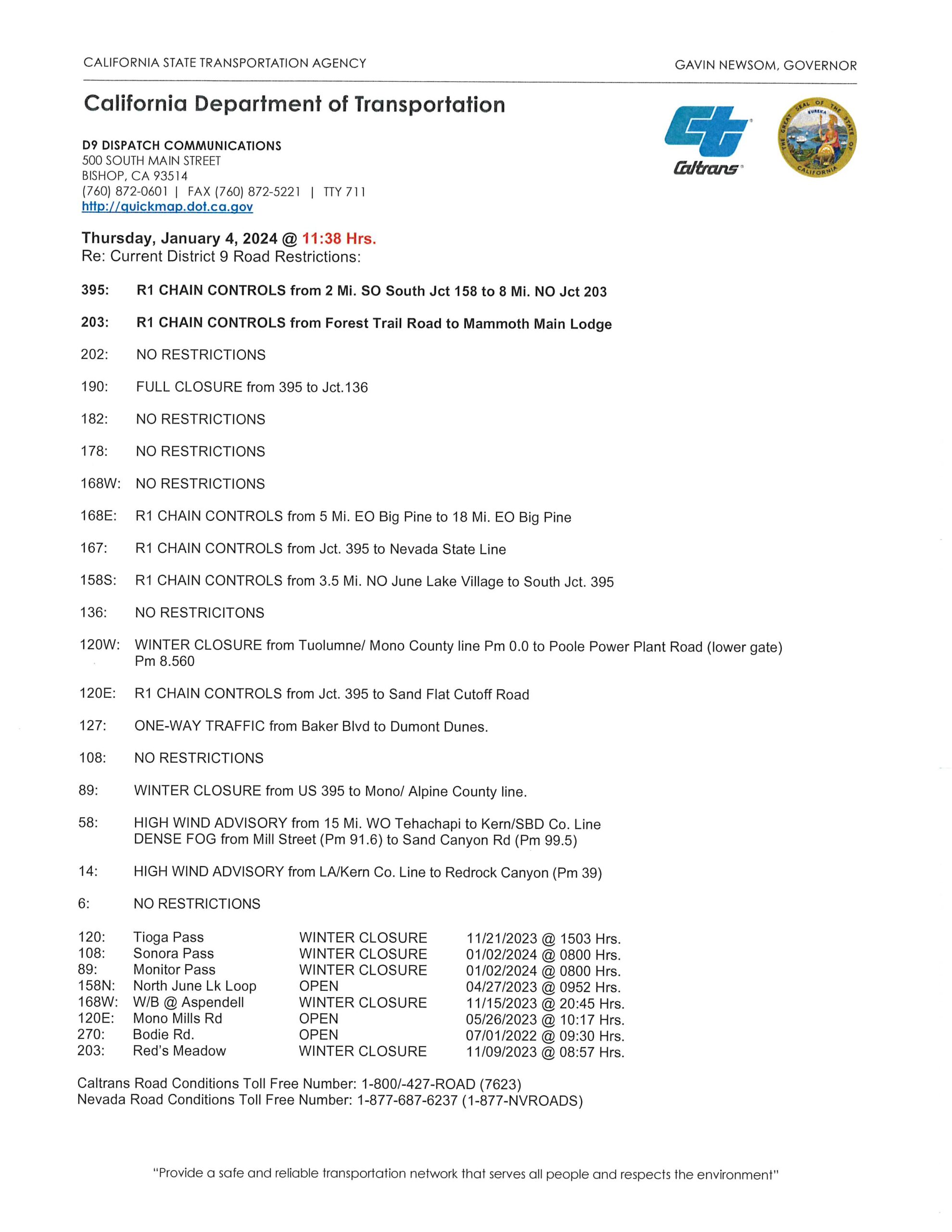 Caltrans Road Conditions Update - January 4 @11:45 AM - US395, CA ...