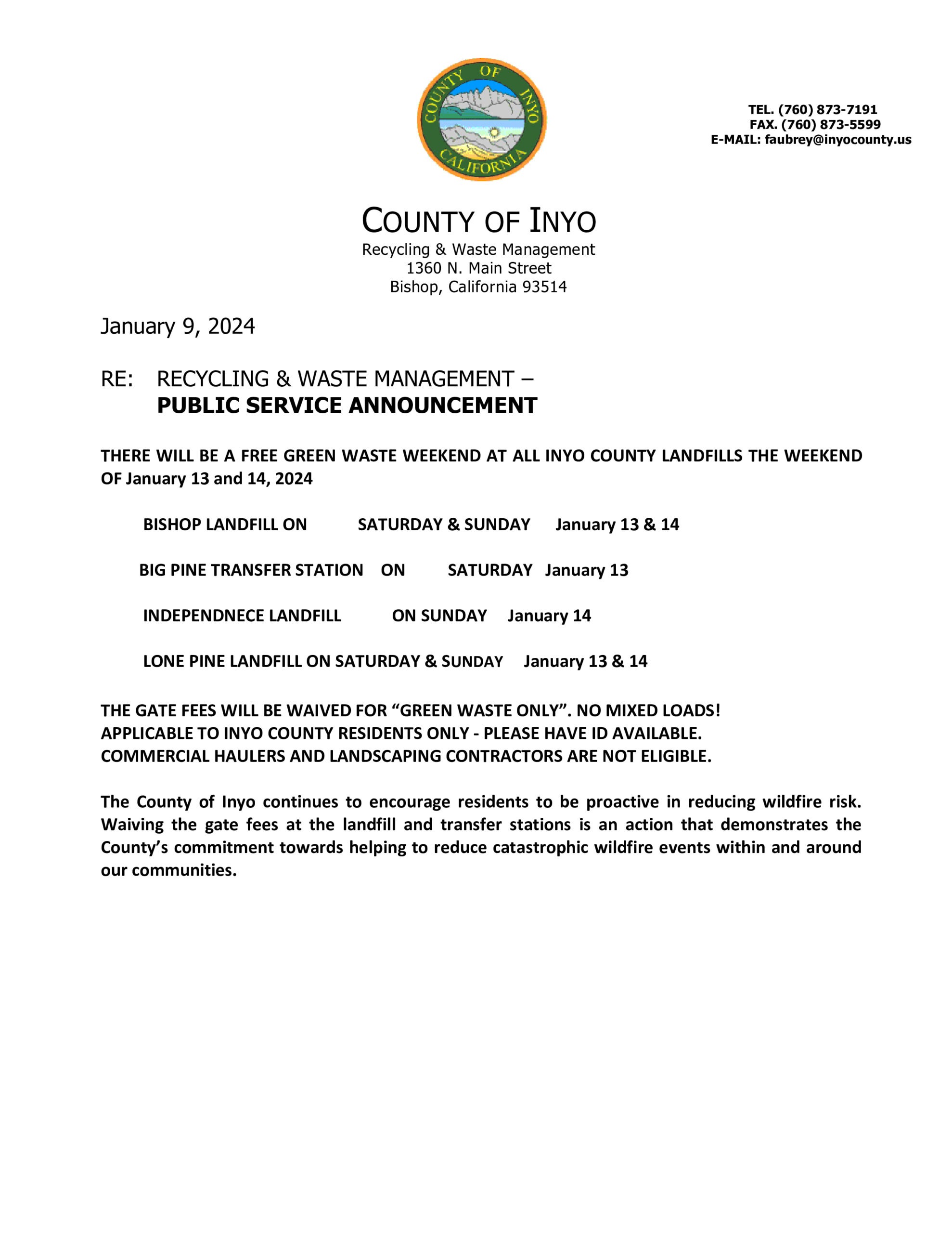 PSA Inyo County Recycling & Waste Management - Free Green Waste Weekend ...